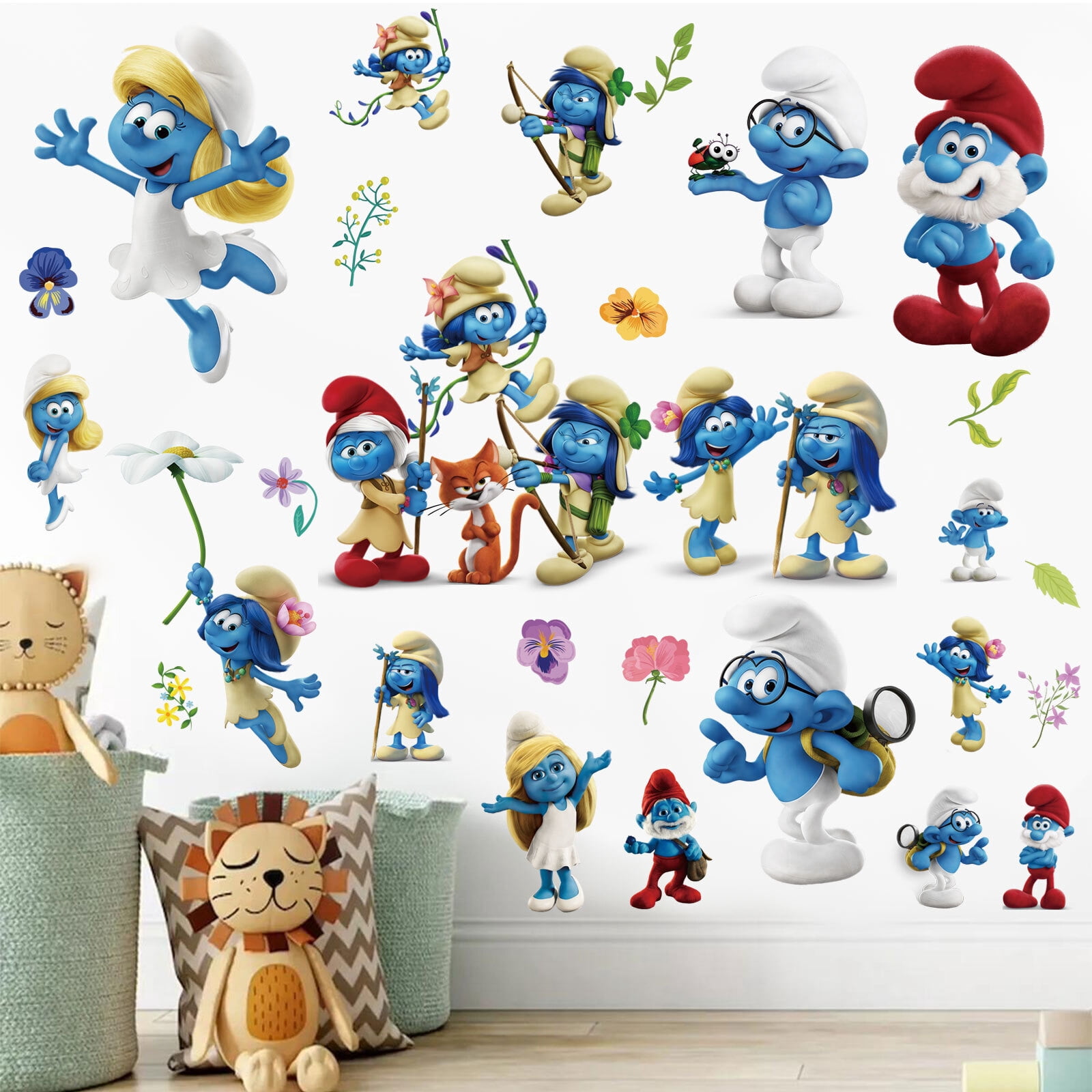 40 Pcs For The Smurfs Theme Wall Stickers,DIY Wall Stickers 4 Sheets ...