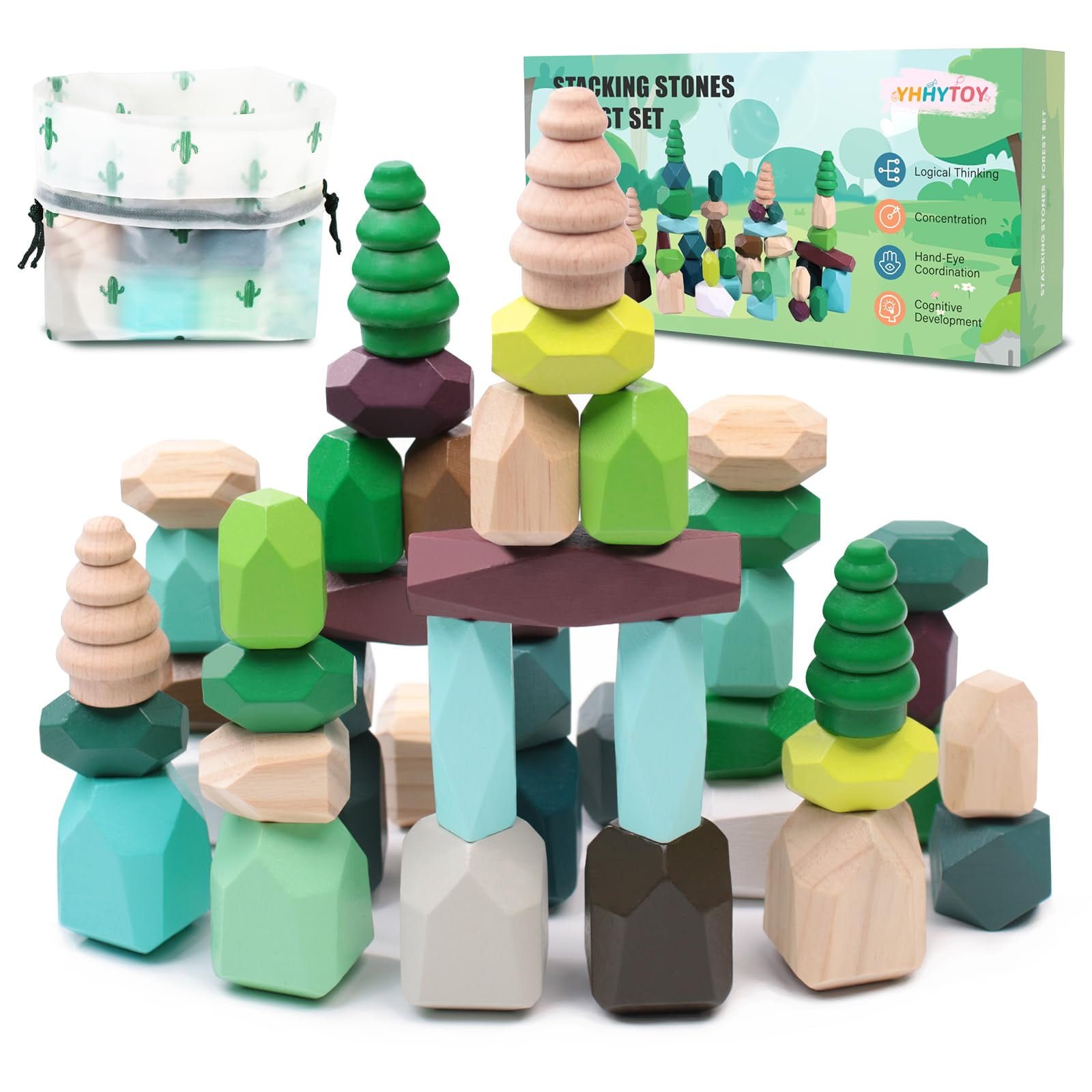 40 Pcs Wooden Stacking Rocks Building Blocks Forest Theme, Sensory ...