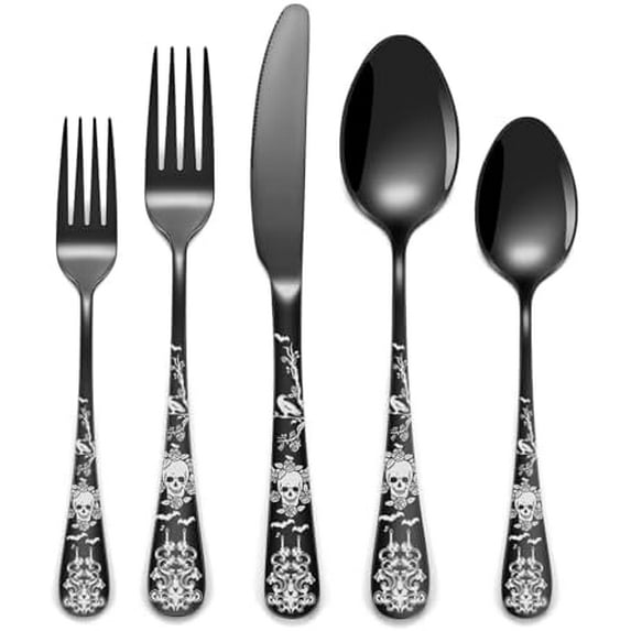 40-Piece Black Skull Silverware Set for 8, Flatware Set Stainless Steel ...