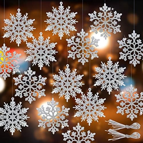 40 Piece Glitter Snowflake Plastic Ornaments - Silver & White, 4 Inch ...