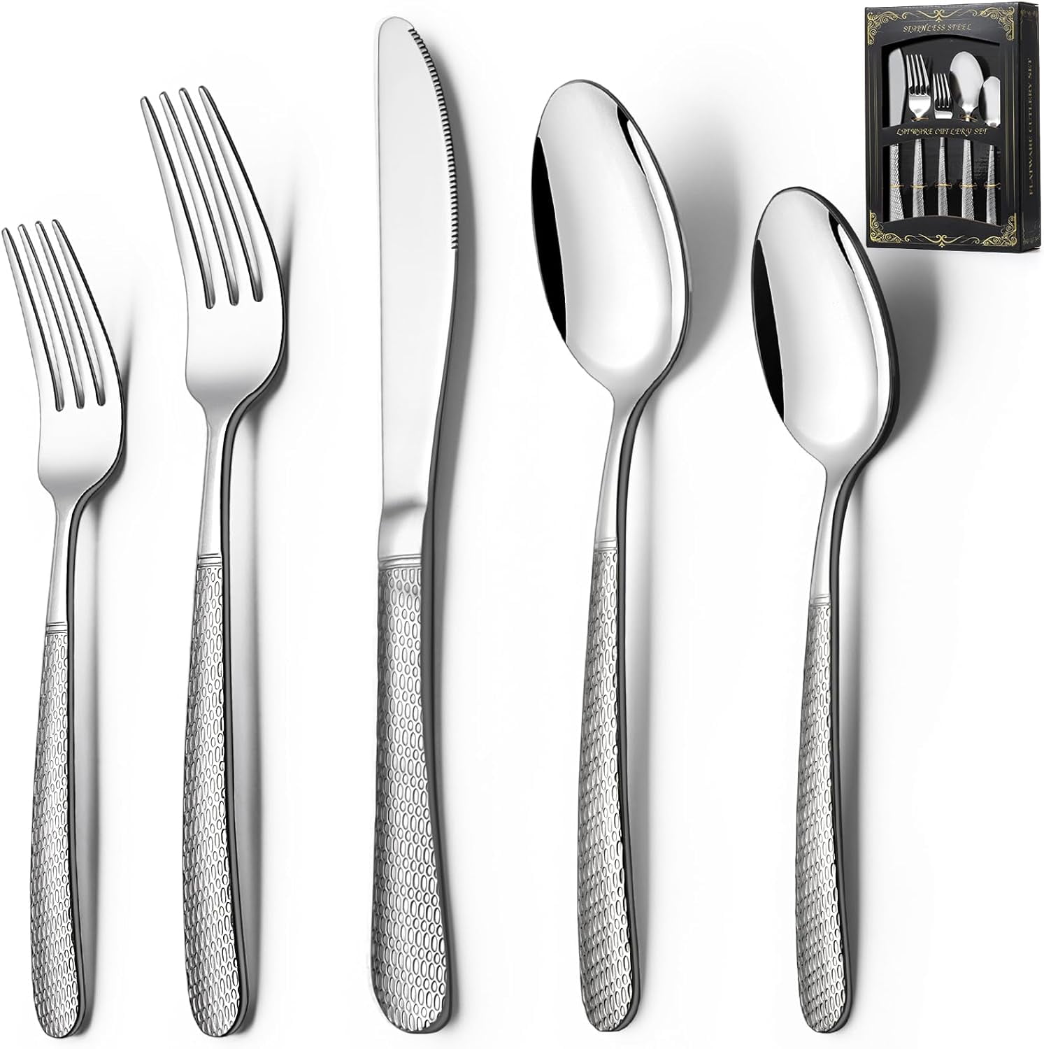 40-Piece Hammered Silverware Set, Stainless Steel Heavy Duty Flatware ...