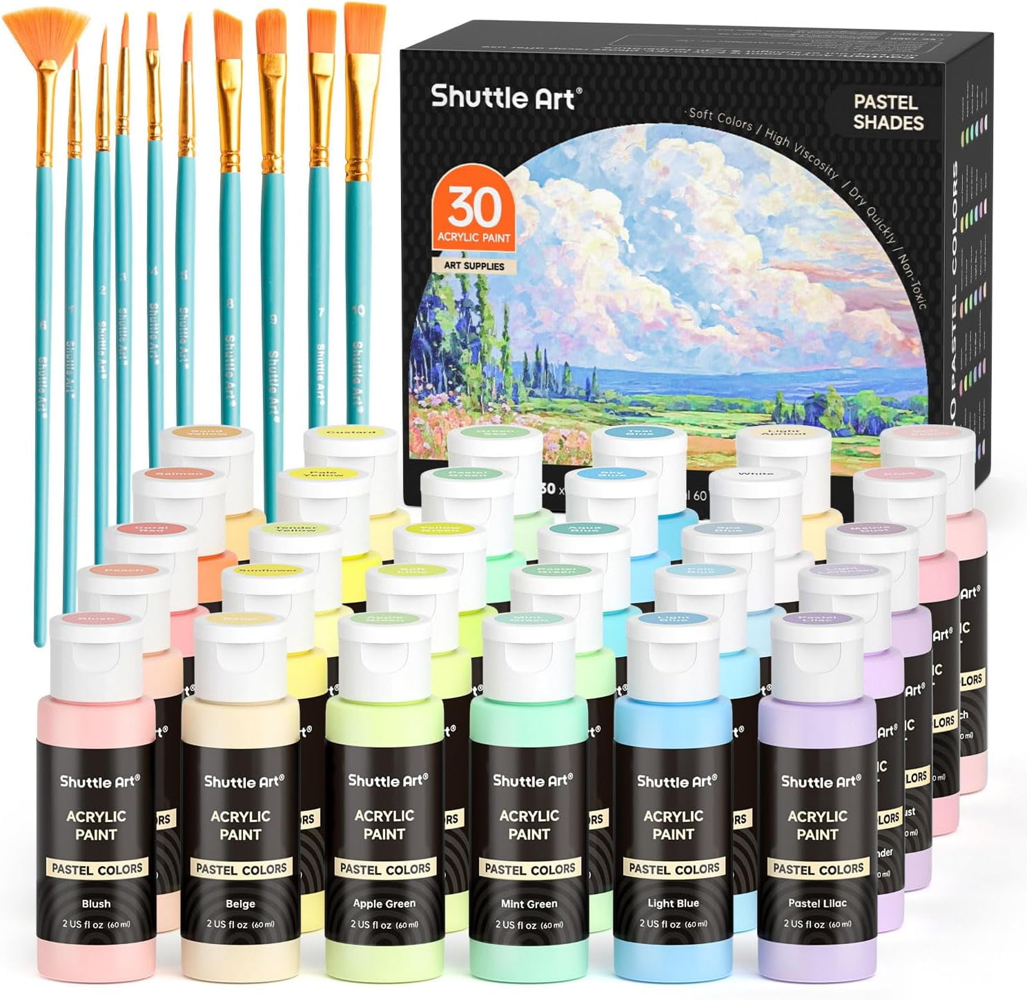 40 Piece Pastel Acrylic Paint Set with 10 Brushes, 30 Colors, 60ml ...