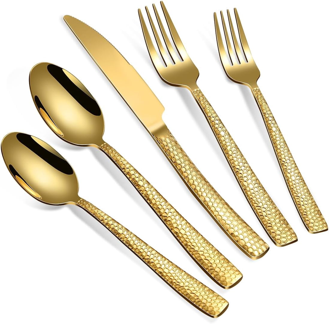 40-Piece Silverware Set, Black Hammered Stainless Steel Flatware Sets ...