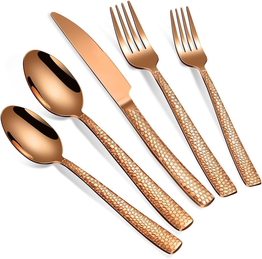 40-Piece Silverware Set, Black Hammered Stainless Steel Flatware Sets for 8, Including Fork ...