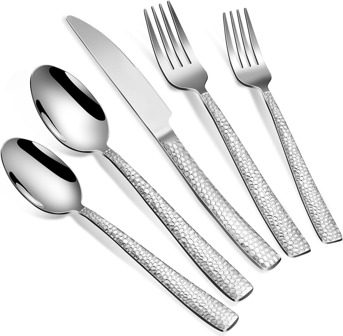40-Piece Silverware Set, Silver Hammered Stainless Steel Flatware Sets ...