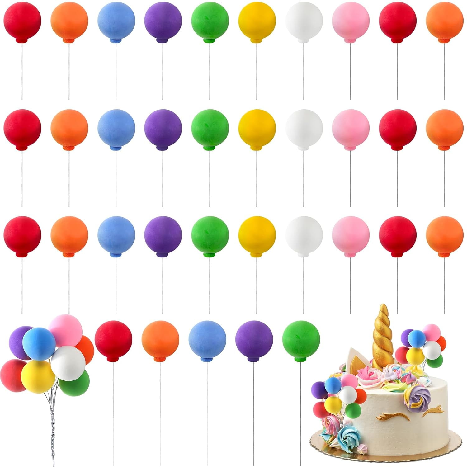 40 Pieces Mini Balloon Cake Toppers Colorful Rainbow Cake Topper Round ...