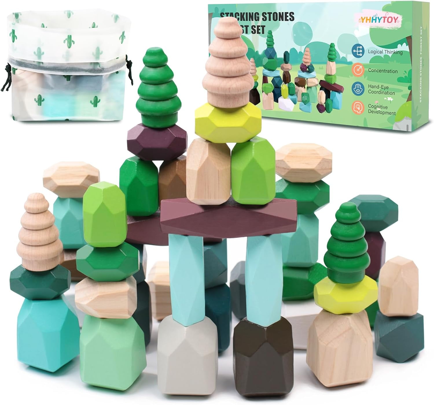 40 Pieces Wooden Stacking Rock Building Blocks Forest Theme Montessori ...