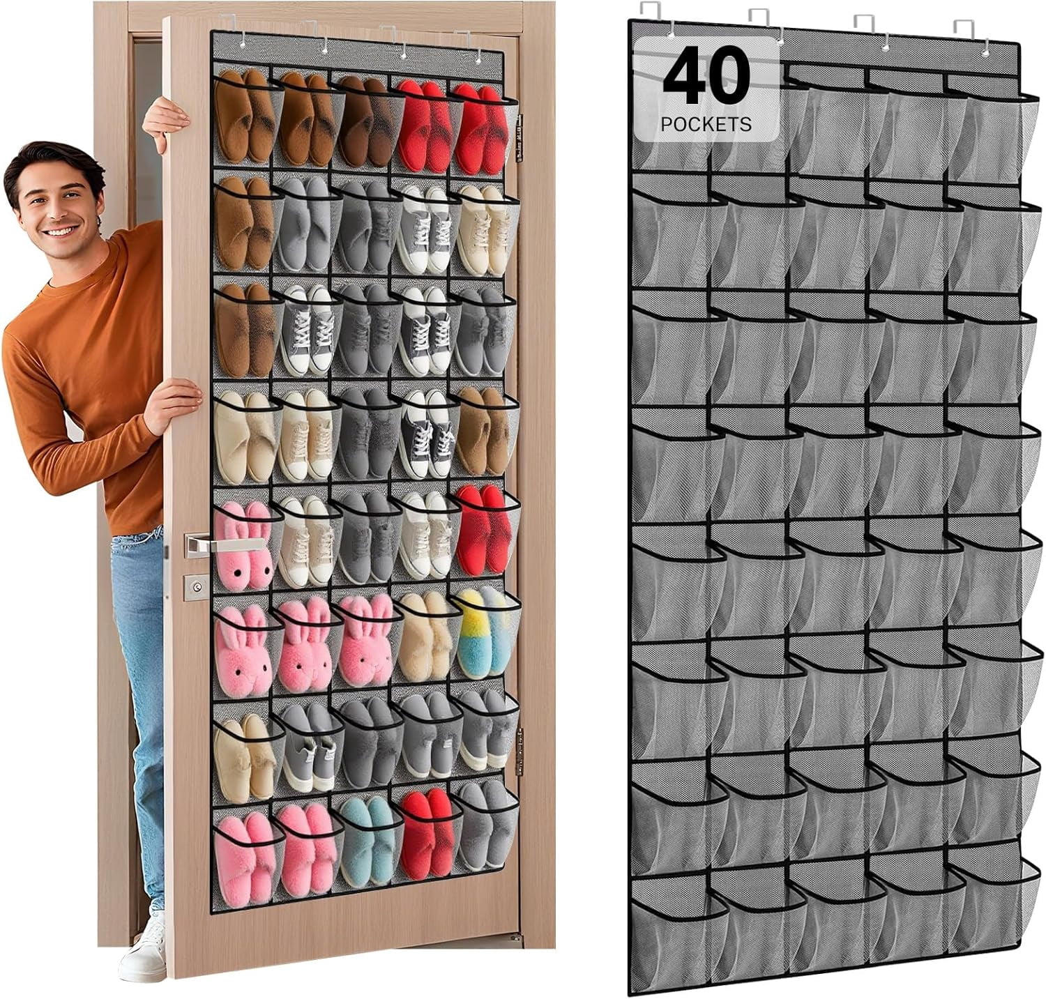 40 Pockets Over the Door Shoe Organizer, No Drill Large Capacity, Space ...