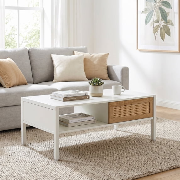 40" Rattan Coffee Table, Modern Coffee table with White Metal Legs and ...