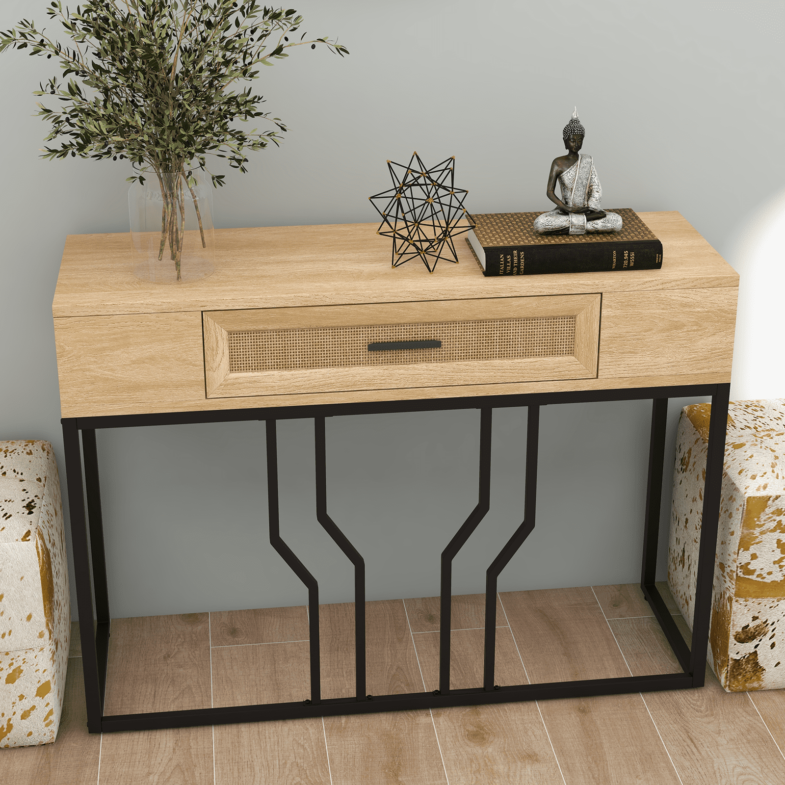 40” Rattan Console Table with Drawer, Boho Style Sofa Table for ...