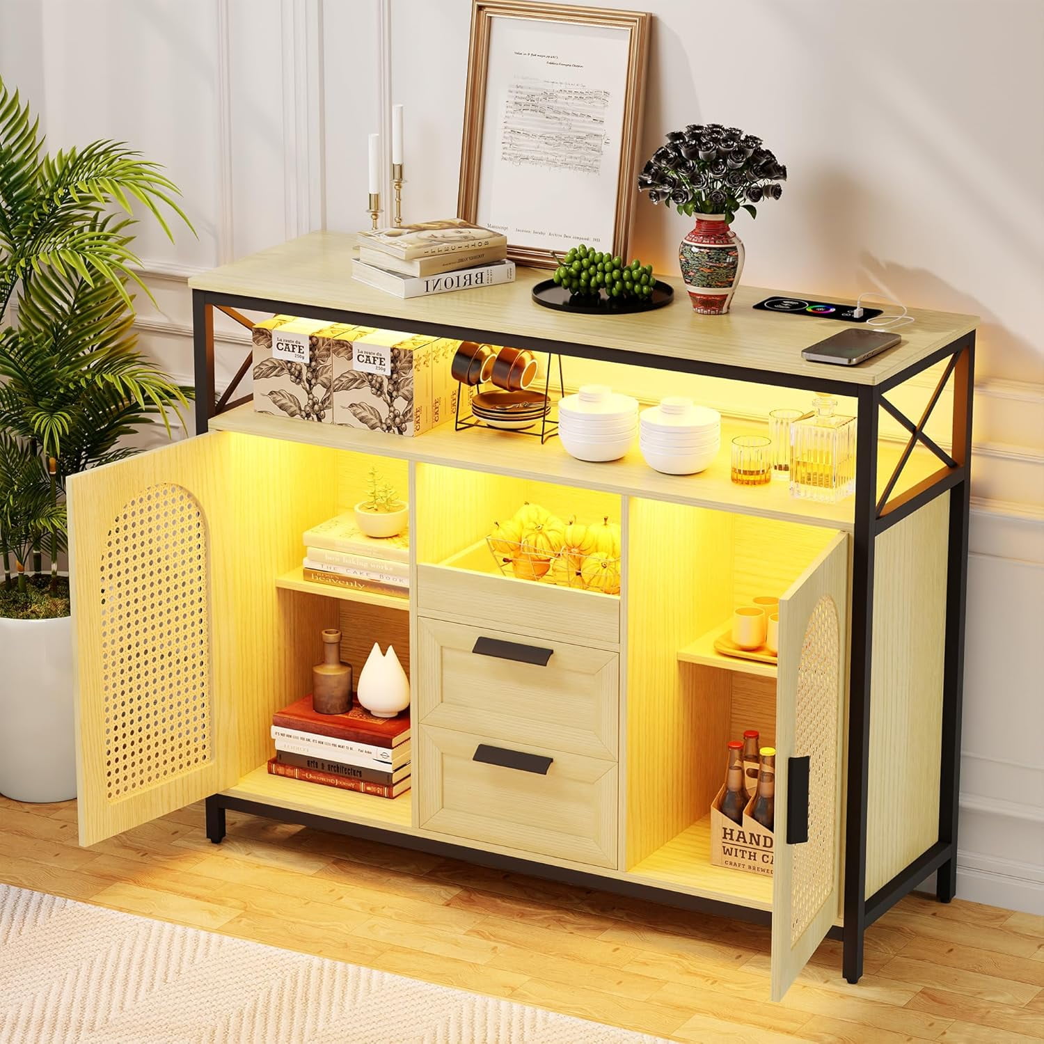 40” Rattan Sideboard Buffet Kitchen Storage Cabinet, LED Coffee Bar ...