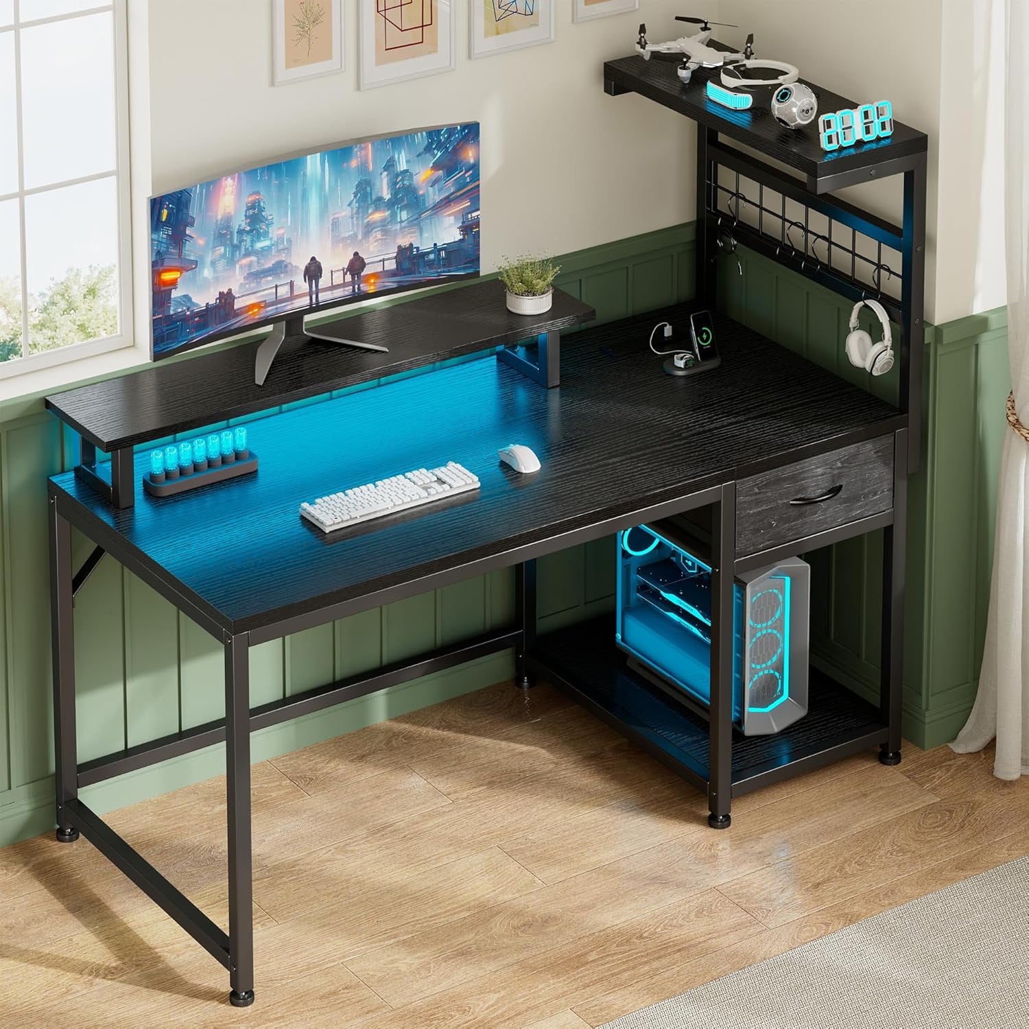 40" Reversible Computer Desk with Power Outlets & LED Lights,Gaming ...