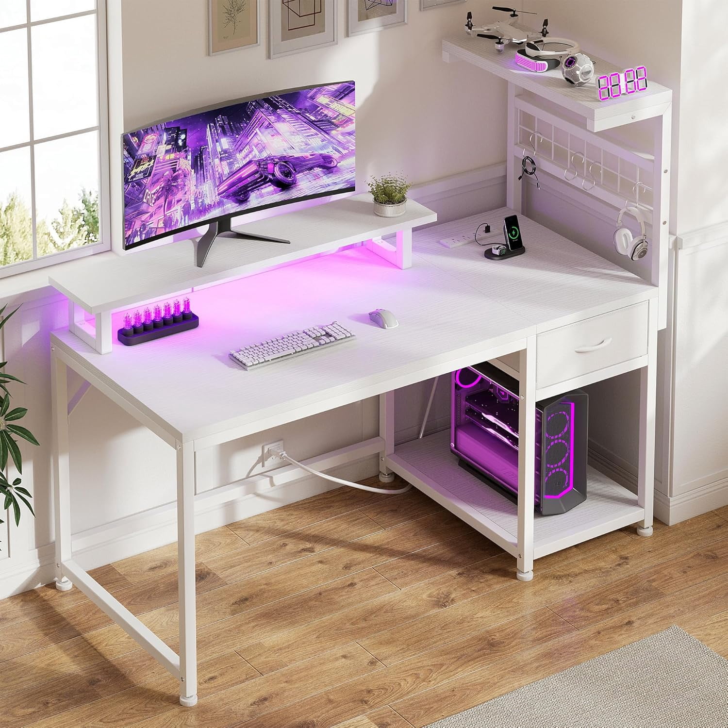 40" Reversible Computer Desk with Power Outlets & LED Lights,Gaming ...