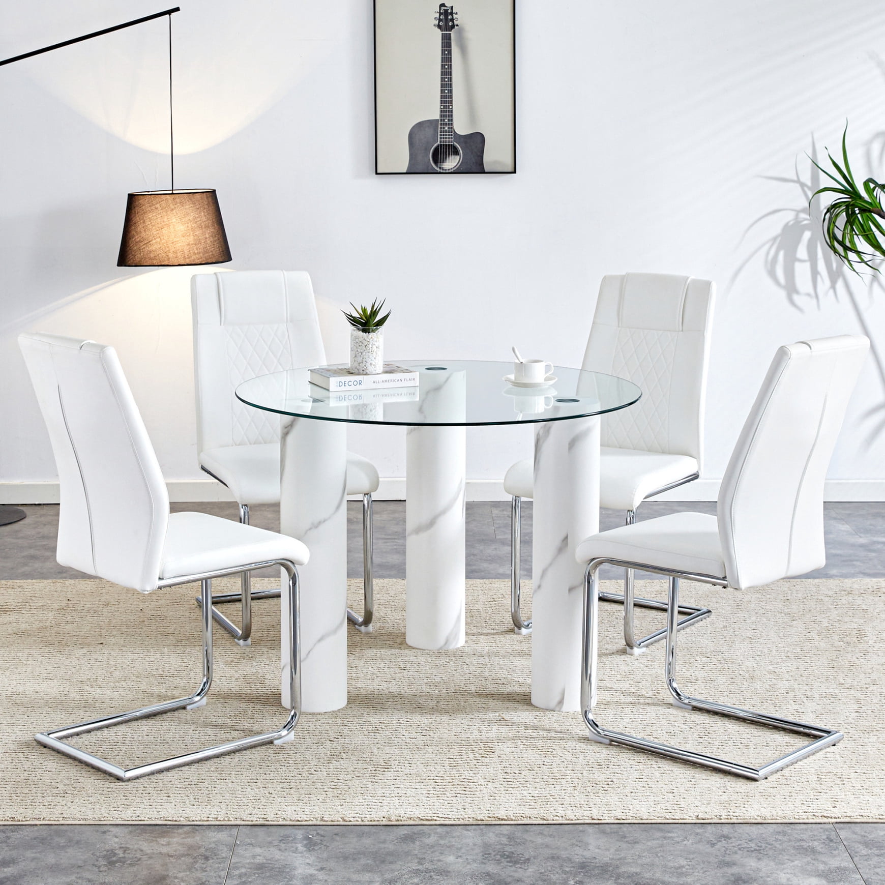 40'' Round Tempered Glass Dining Table Set, Modern Round Dining Table ...