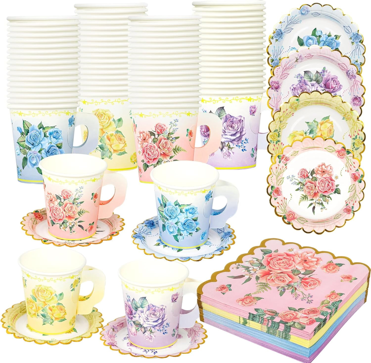 40 Set Floral Tea Cups and Saucers Disposable Tea Party Supplies ...
