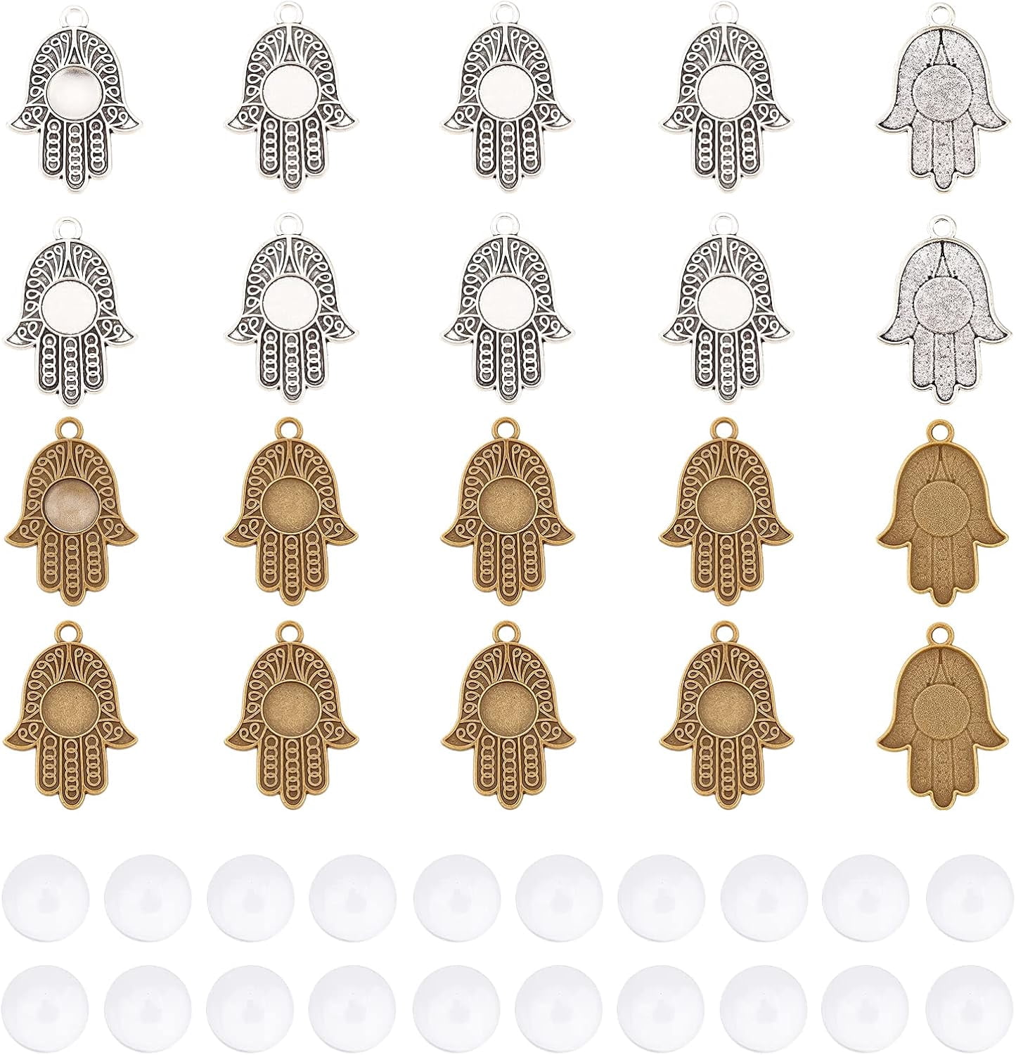 40 Sets 2 Colors Tibetan Styles Alloy Hamsa Hand Pendant Trays Round ...