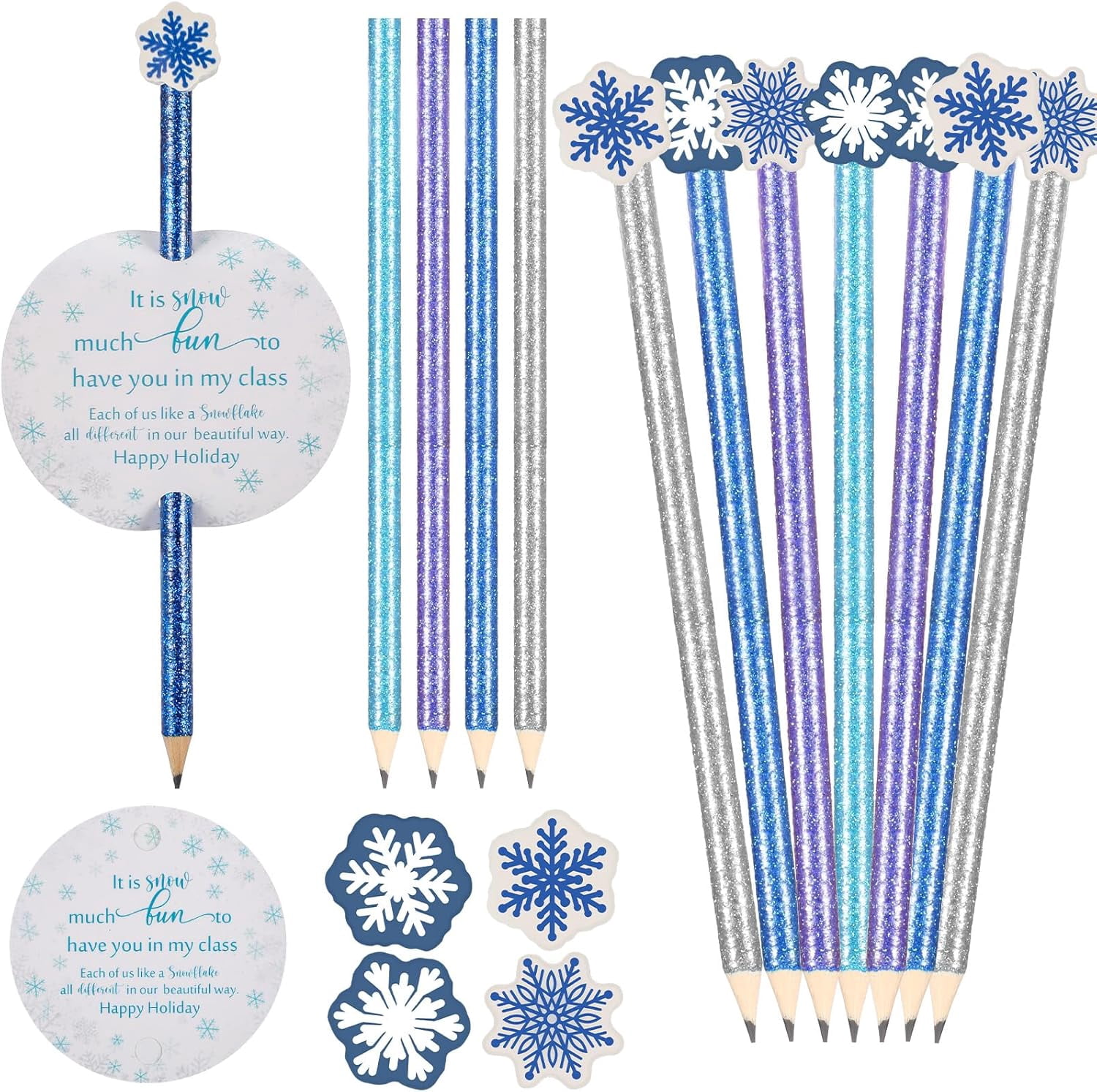 40 Sets Christmas Glitter Pencils with Snowflake Eraser Toppers and ...