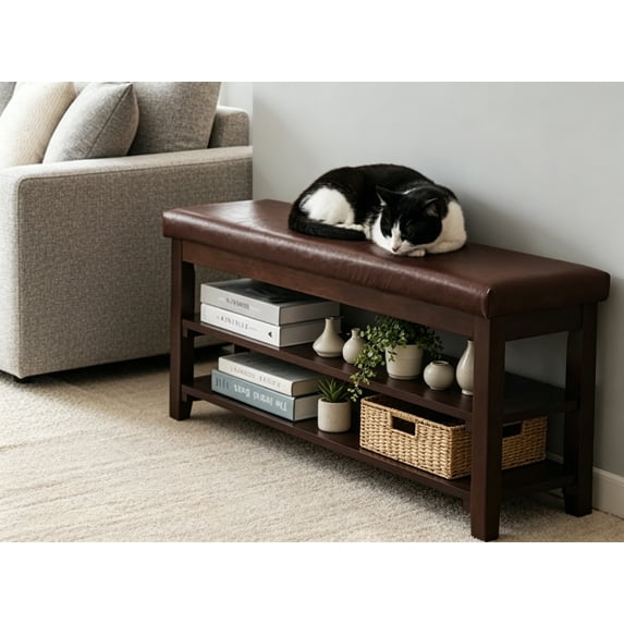 40" Shoe Bench with Leather Cushion, 2-Tier Shoe Rack Entryway Bench ...