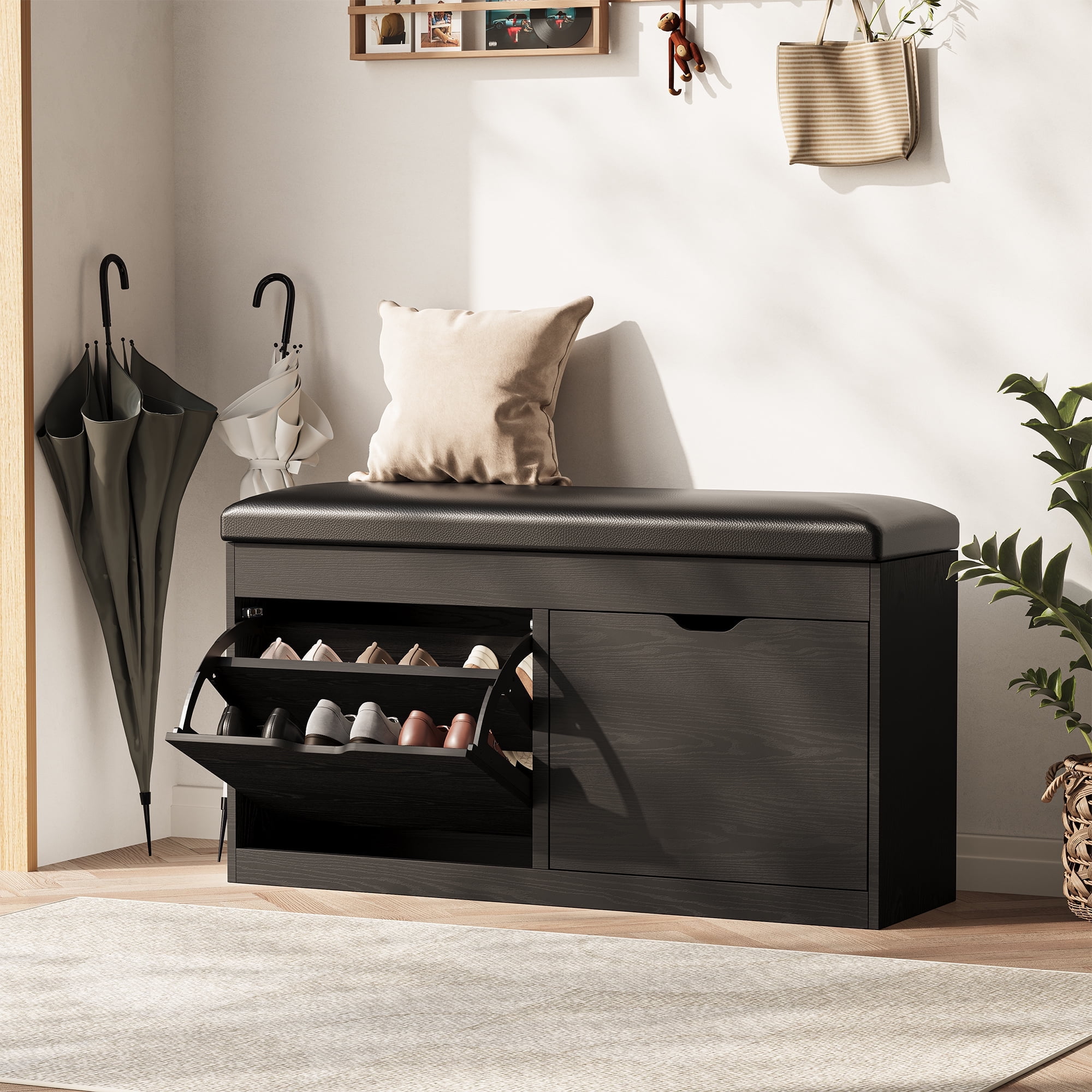 40" Shoe Storage Bench with Lift Top, 2 Flip Drawers & Padded Seat ...