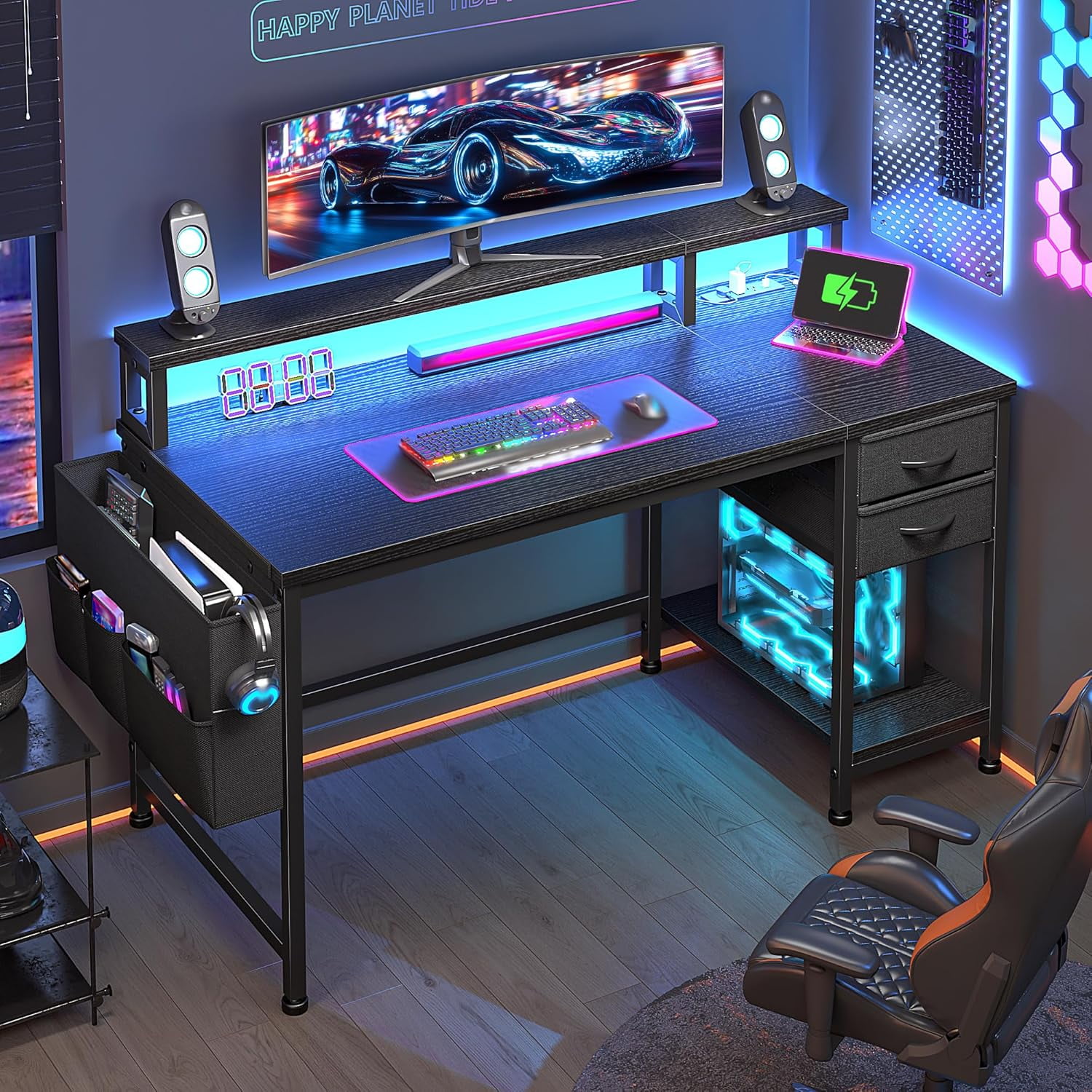 40" Small Gaming Desk with LED Lights, Corner Computer Desk with ...