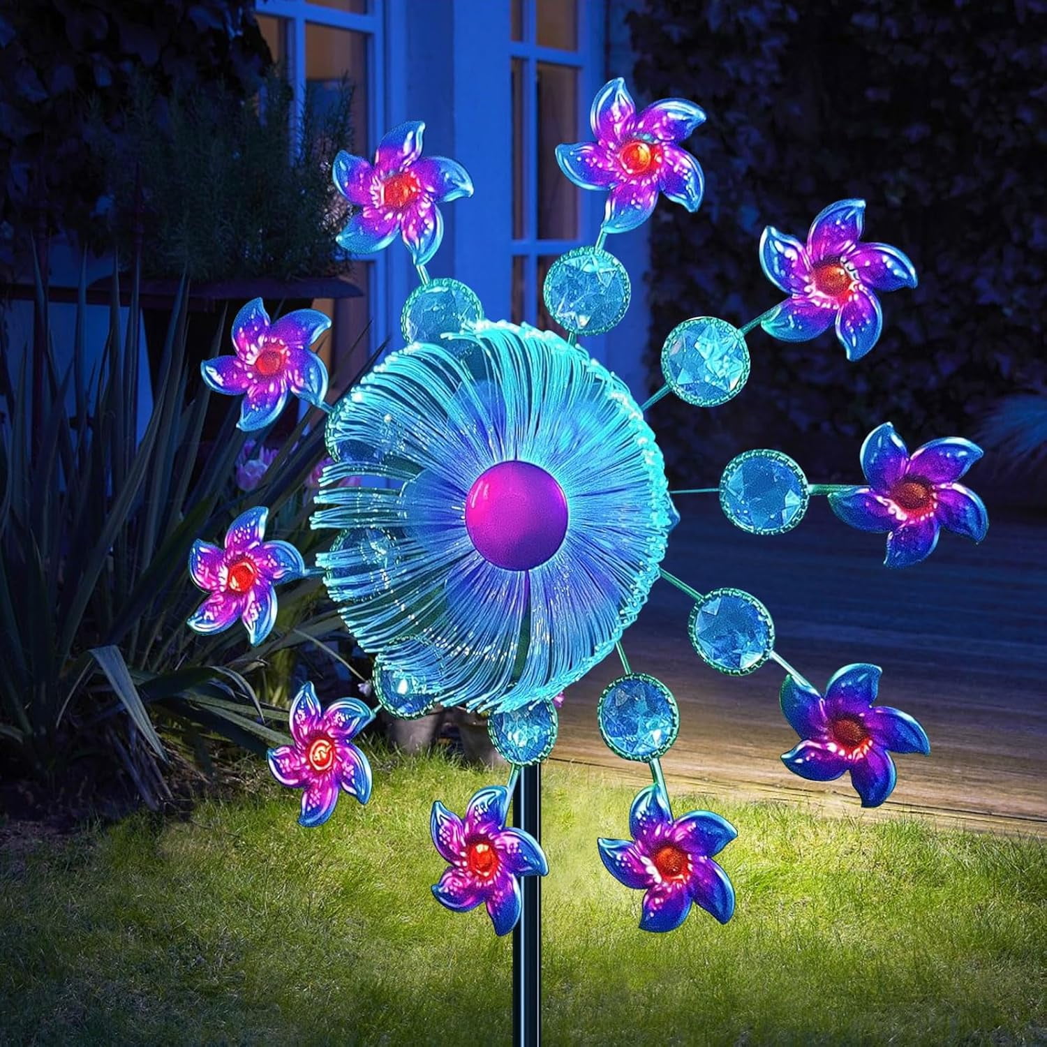40" Solar Flower Gem Wind Spinners Garden Stake, Solar Wind Sculpture ...