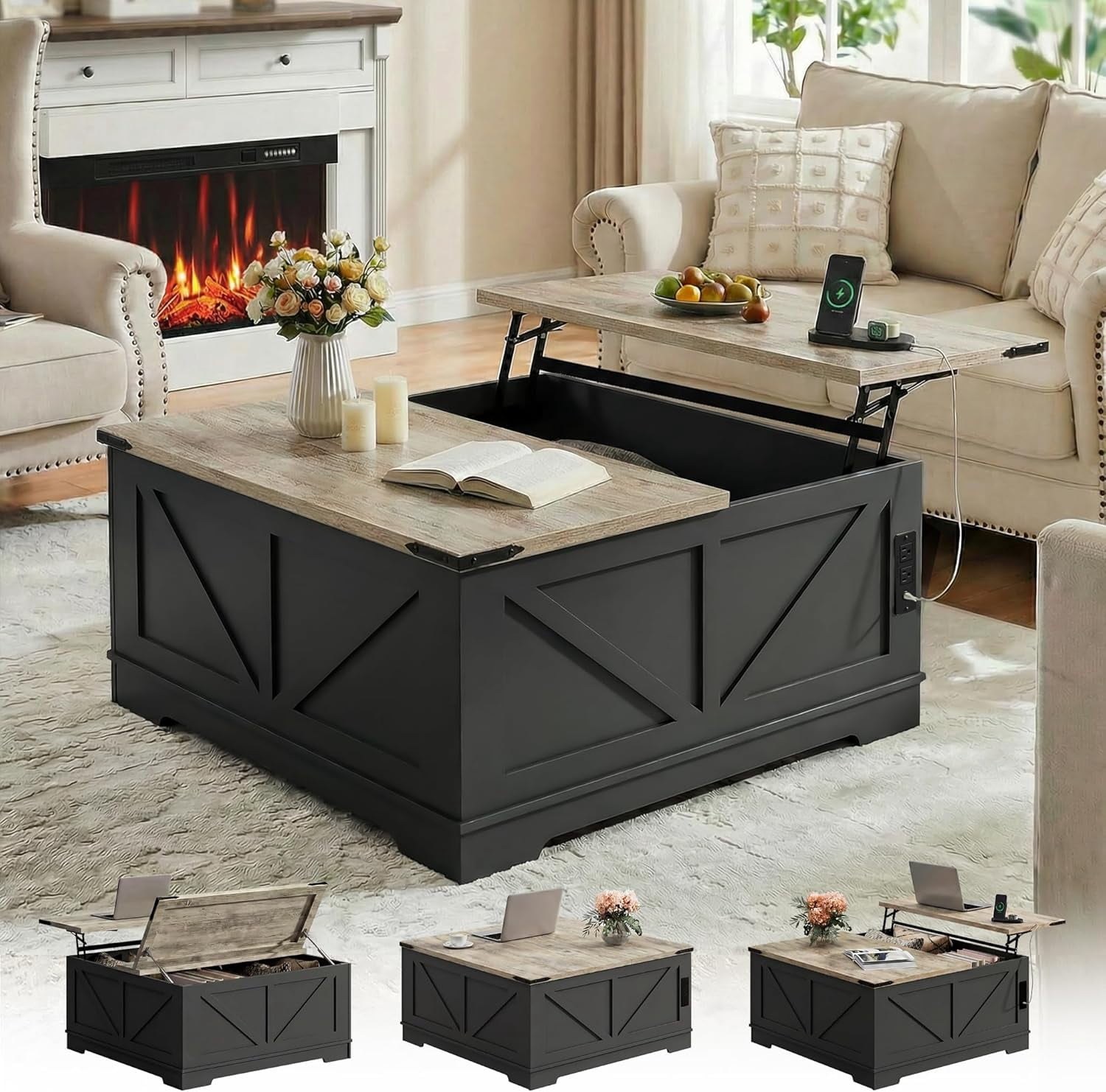 40" Square Farmhouse Lift Top Coffee Table with Storage, Charging ...
