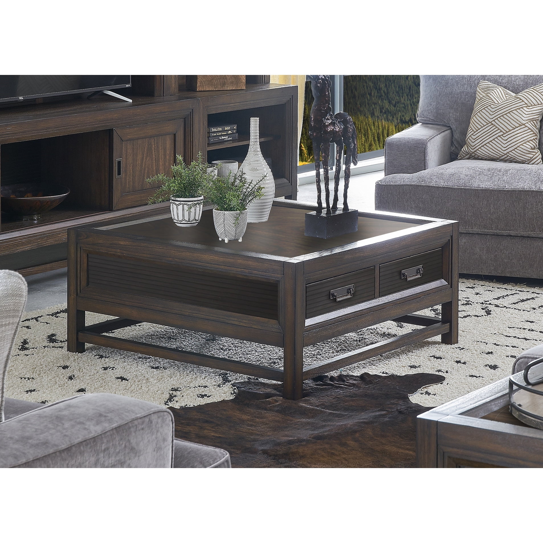 40" Square Rustic Coffee Table, Pine, Drawers, No Assembly, Finish ...