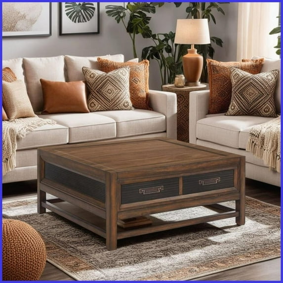 40” Square Rustic Two-Tone Pine Coffee Table with 2 Drawers – No ...