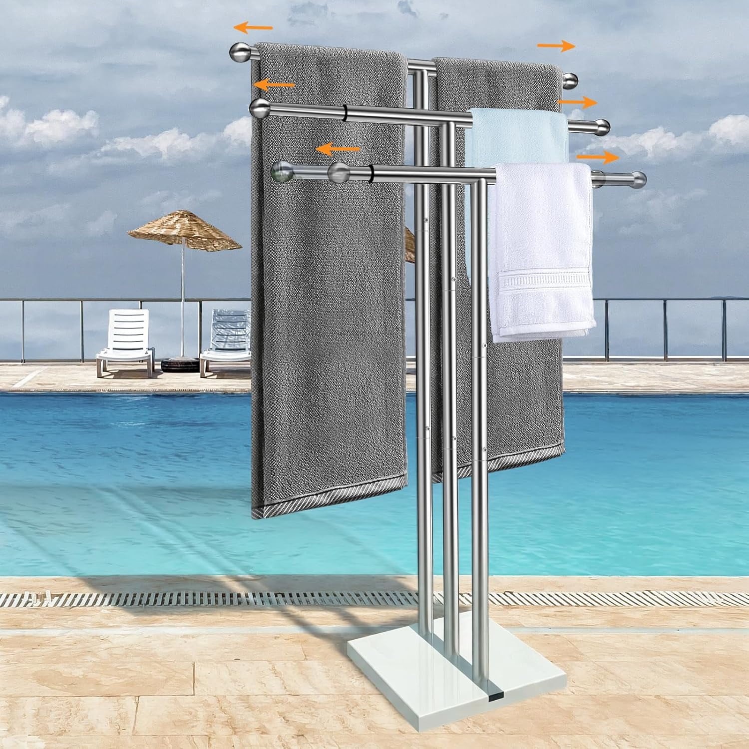 40" Standing Towel Rack with Weighted Marble Base, Width Adjustable ...