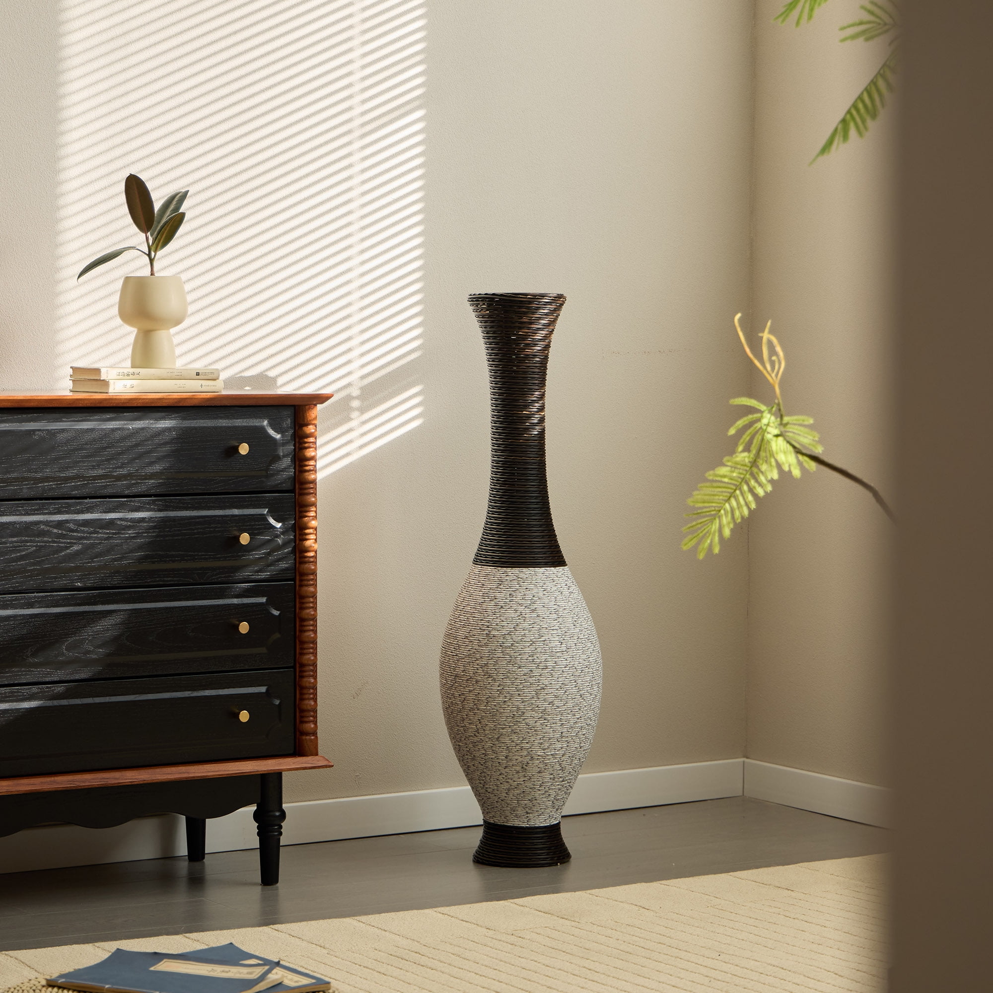 40" Tall Floor Vase, Two-tone Hand Woven Rattan Finish, Large Flower ...