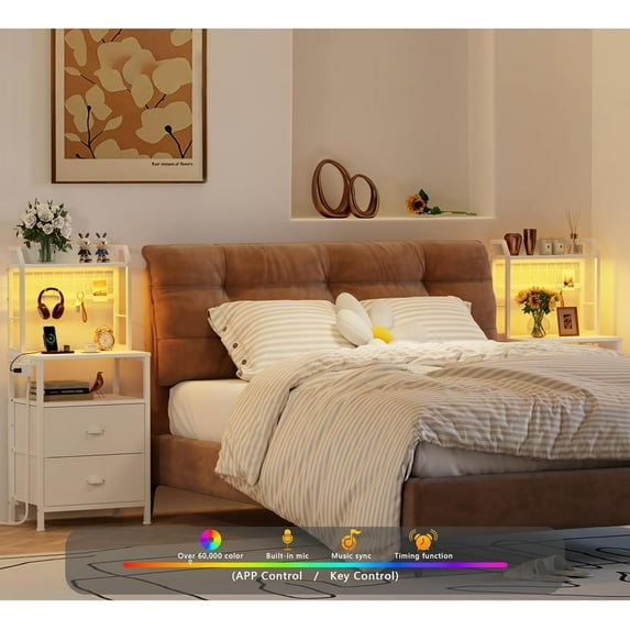 40'' Tall Nightstand with Charging Station, Bedside Table with LED ...