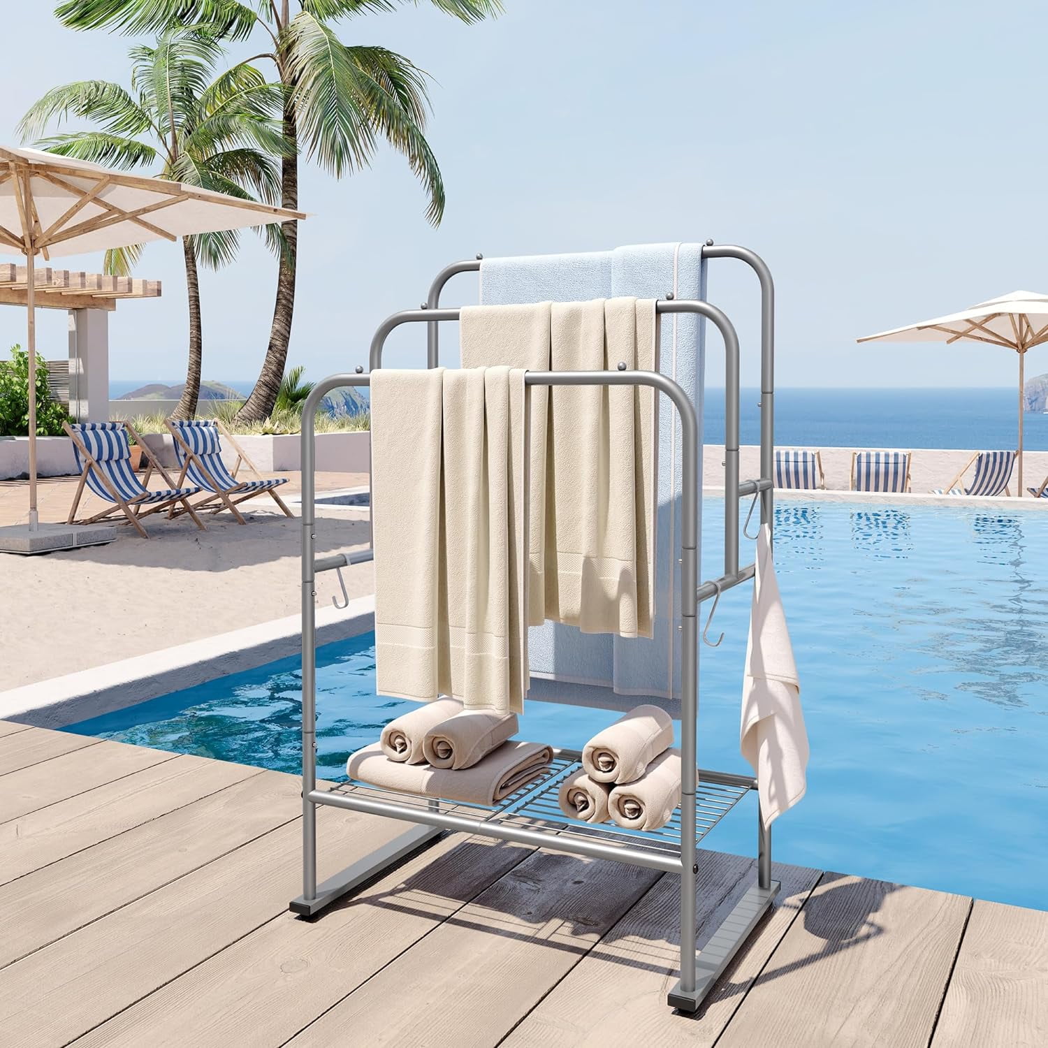 40'' Tall Standing Towel Racks, 3 Tier Towel Drying Rack Outdoor, Pool ...