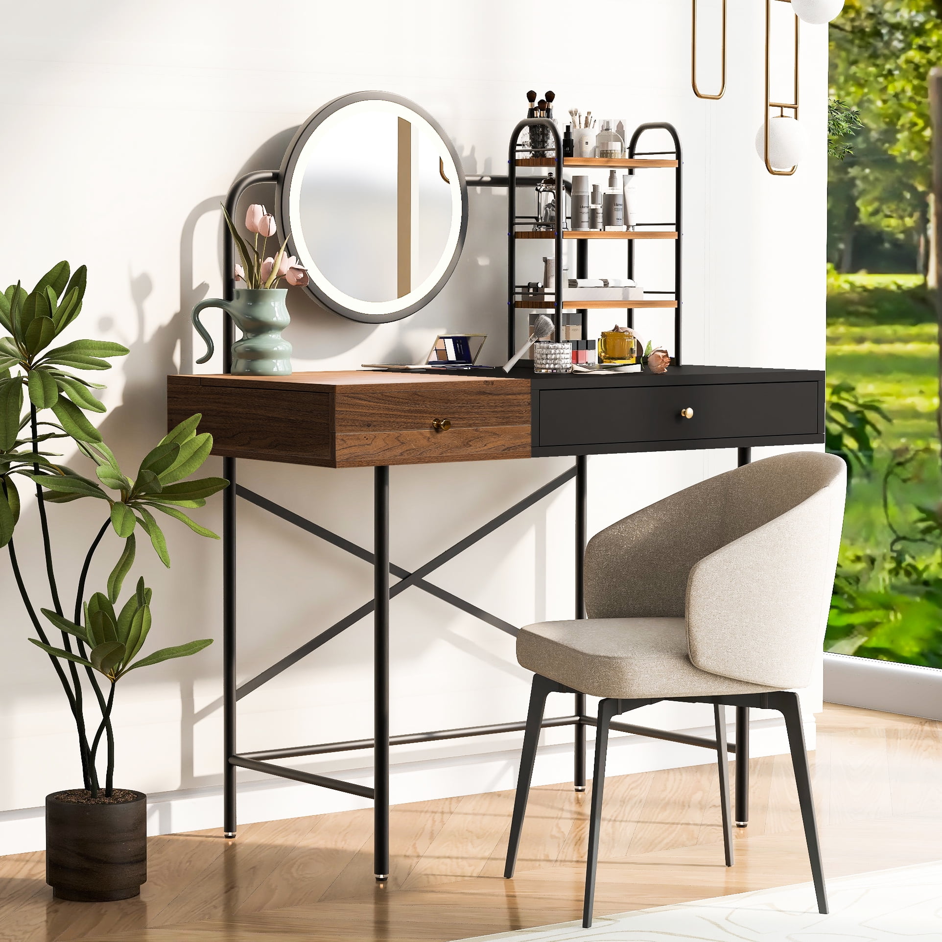 40" Vanity Desk With 3-mode Lighted Mirror & Wireless Charging ...