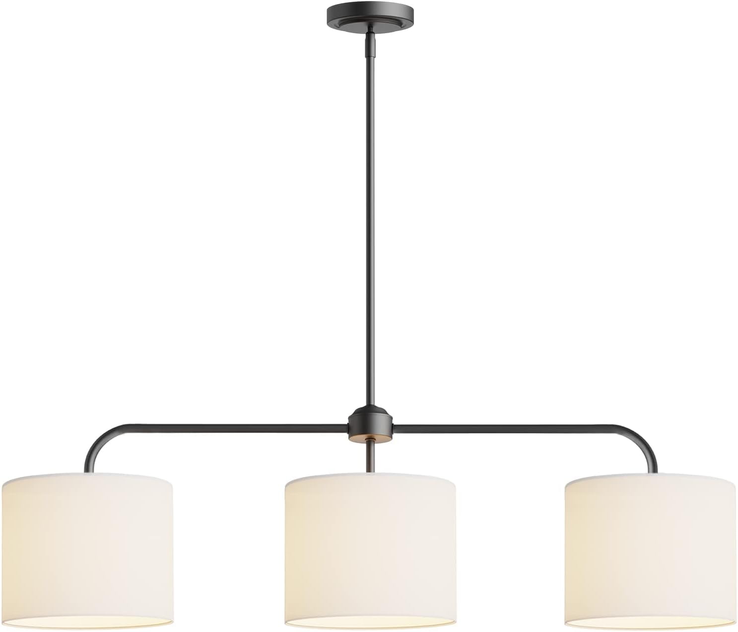 40" W 3-Light White Linen Drum Shade Chandelier with Black Metal Linear ...