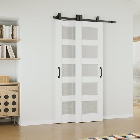 40" X 96" 5-Lite Glass White Primed Solid Core Sliding Bypass Barn Door ...