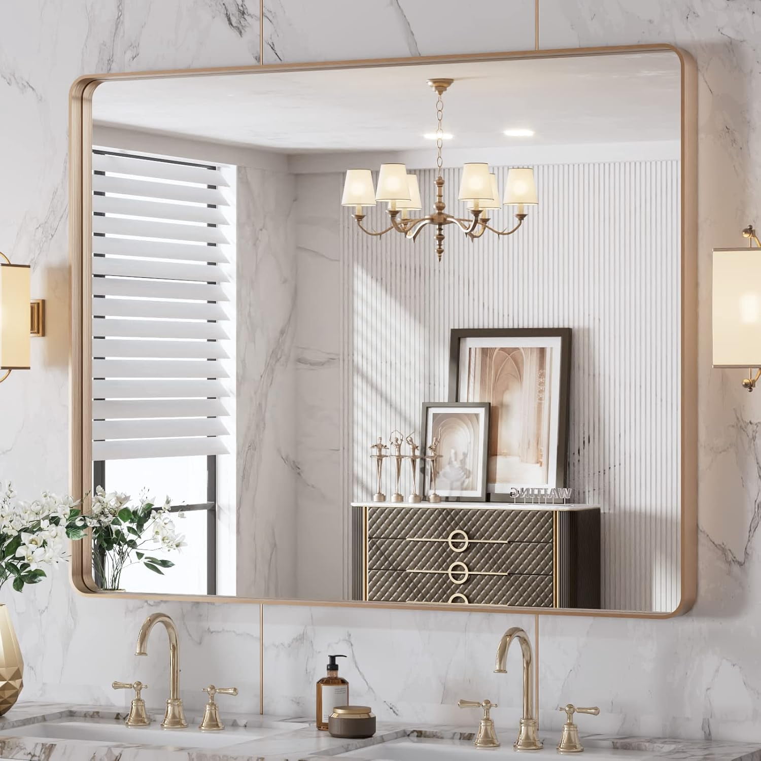 40"X32" Gold Bathroom Mirror with Rounded Rectangle Brushed Gold Frame ...
