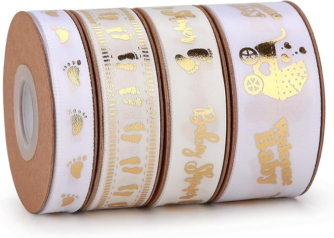 40 Yards Baby Shower Ribbon Welcome Baby White and Gold Ribbon Assorted ...