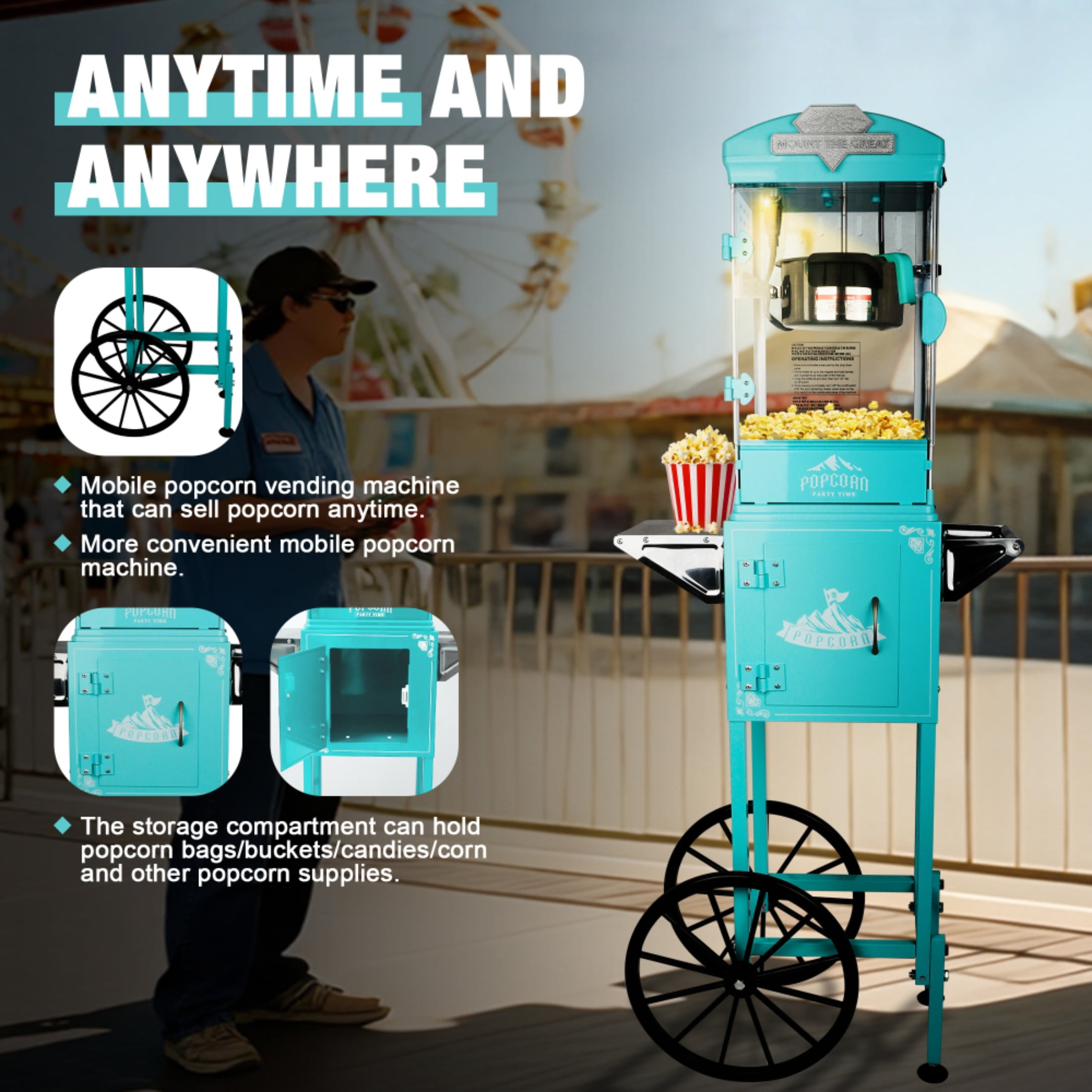 40 cups Popcorn Machine with Cart ,Wheels & 10 Oz Kettle Popcorn Maker ...