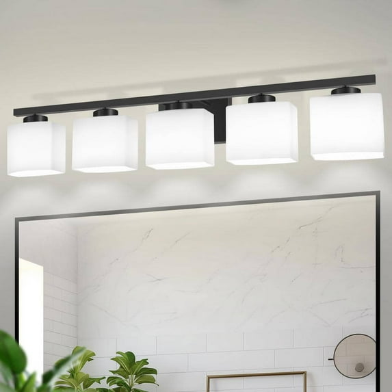 40 in. 5 Light Matte Black Modern Square Vanity Light with Milk White ...