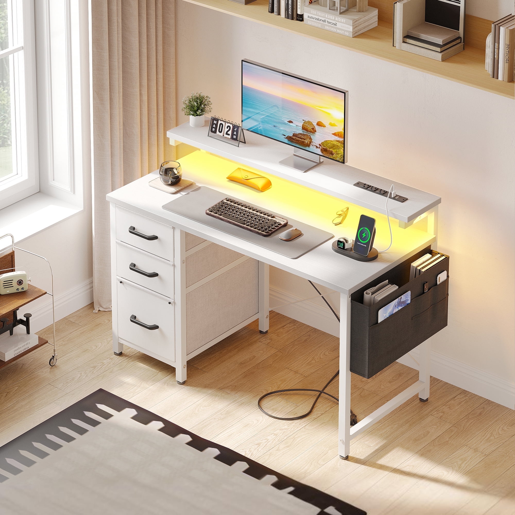 40 inch Computer Desk with Power Outlets & LED Lights, Home Office Desk ...