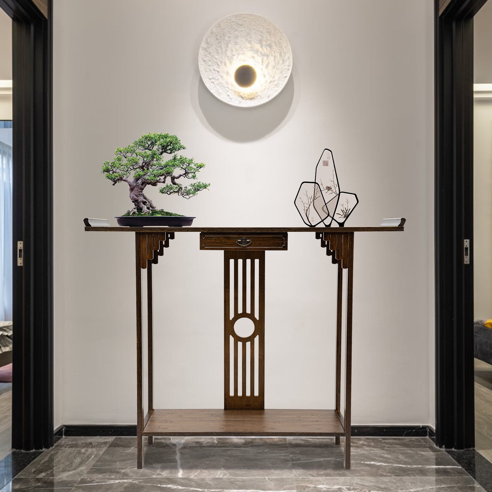 40 inch Japanese Style Console Sofa Table, Walnut Bamboo Console Table ...