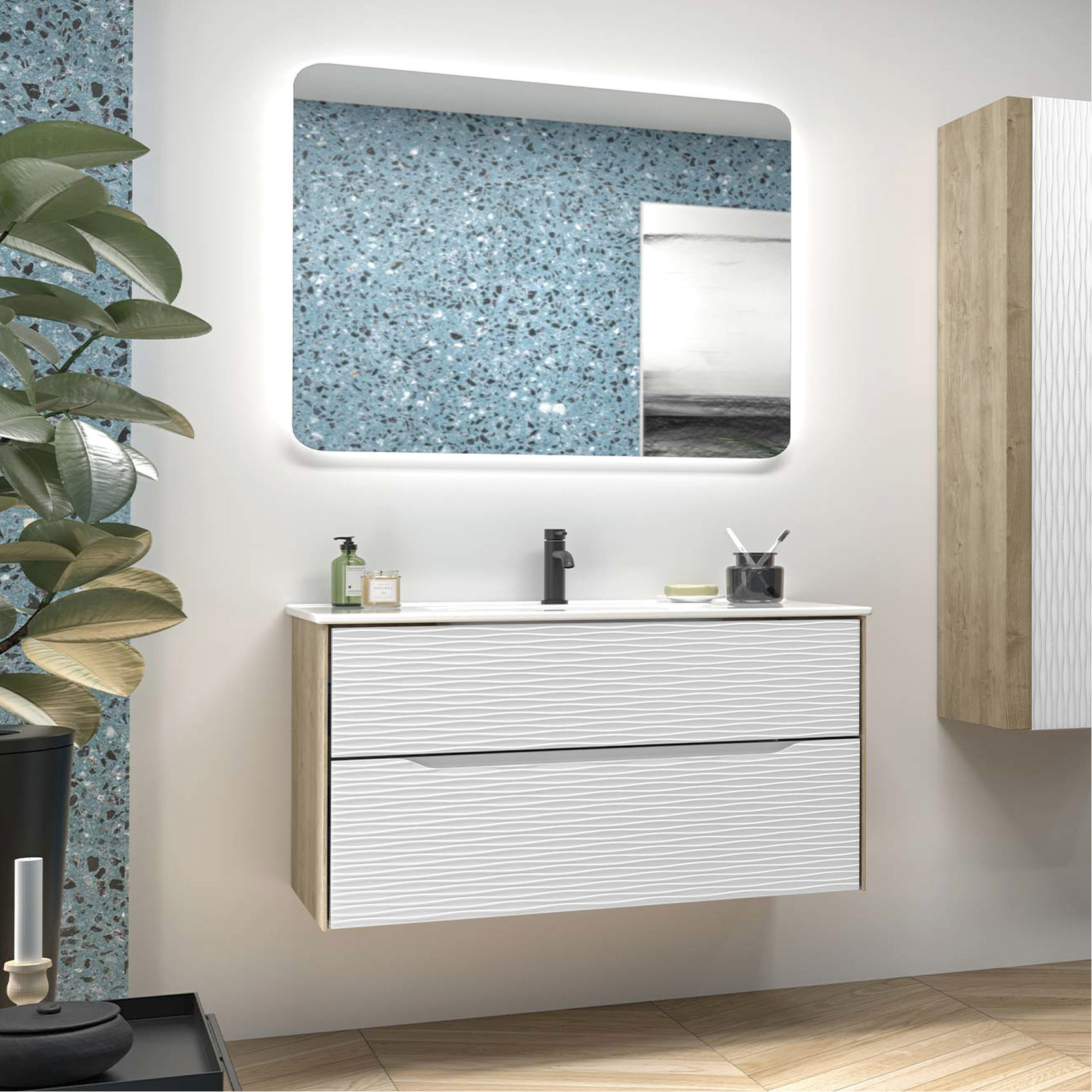 40-inch Oak and White Vanity Cabinet with Onix Basin, Smooth Surface ...