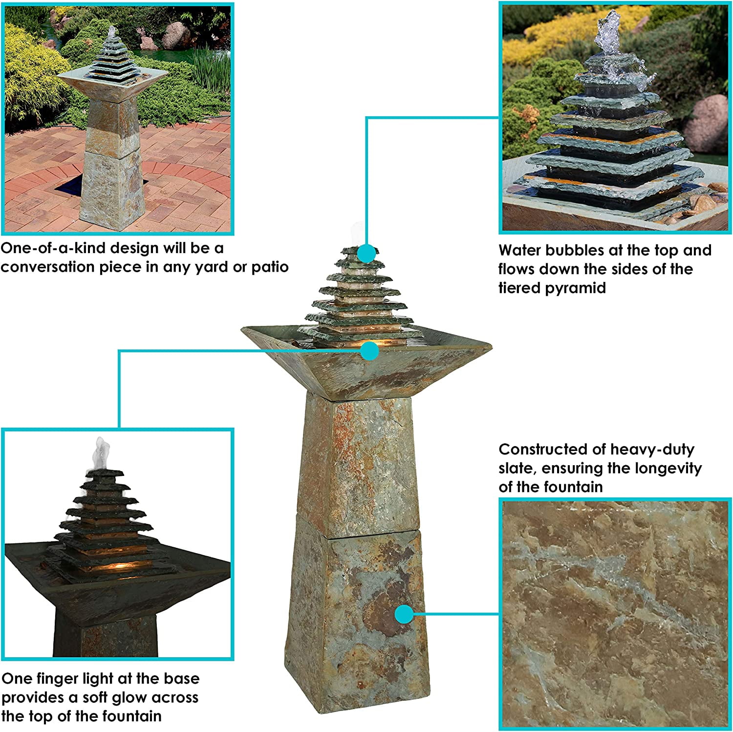 40-inch Slate Outdoor Water Fountain with LED Lights - Layered Pyramid ...