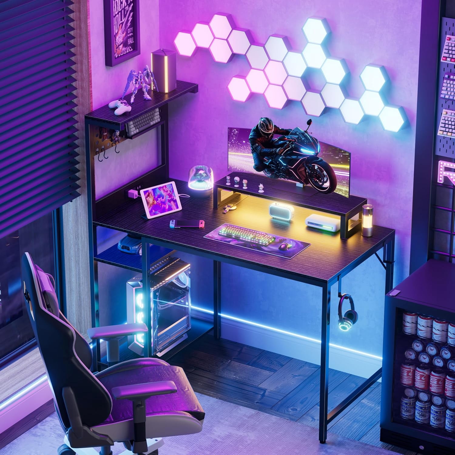 40 inch Small Gaming Desk with Pegboard Shelves Computer Desks with Led ...