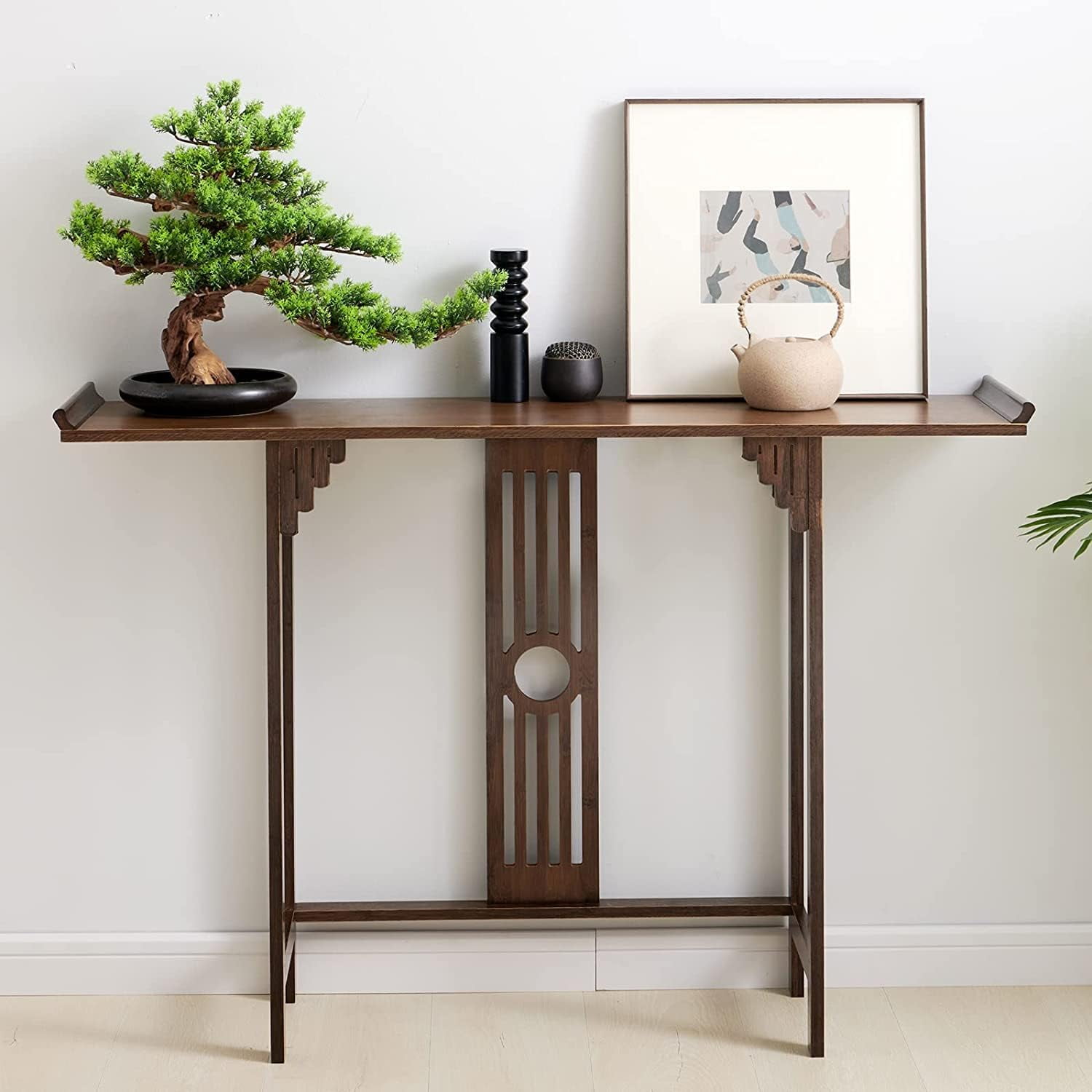 40 inch Walnut Bamboo Console Sofa Table, Vintage Narrow Long Console ...