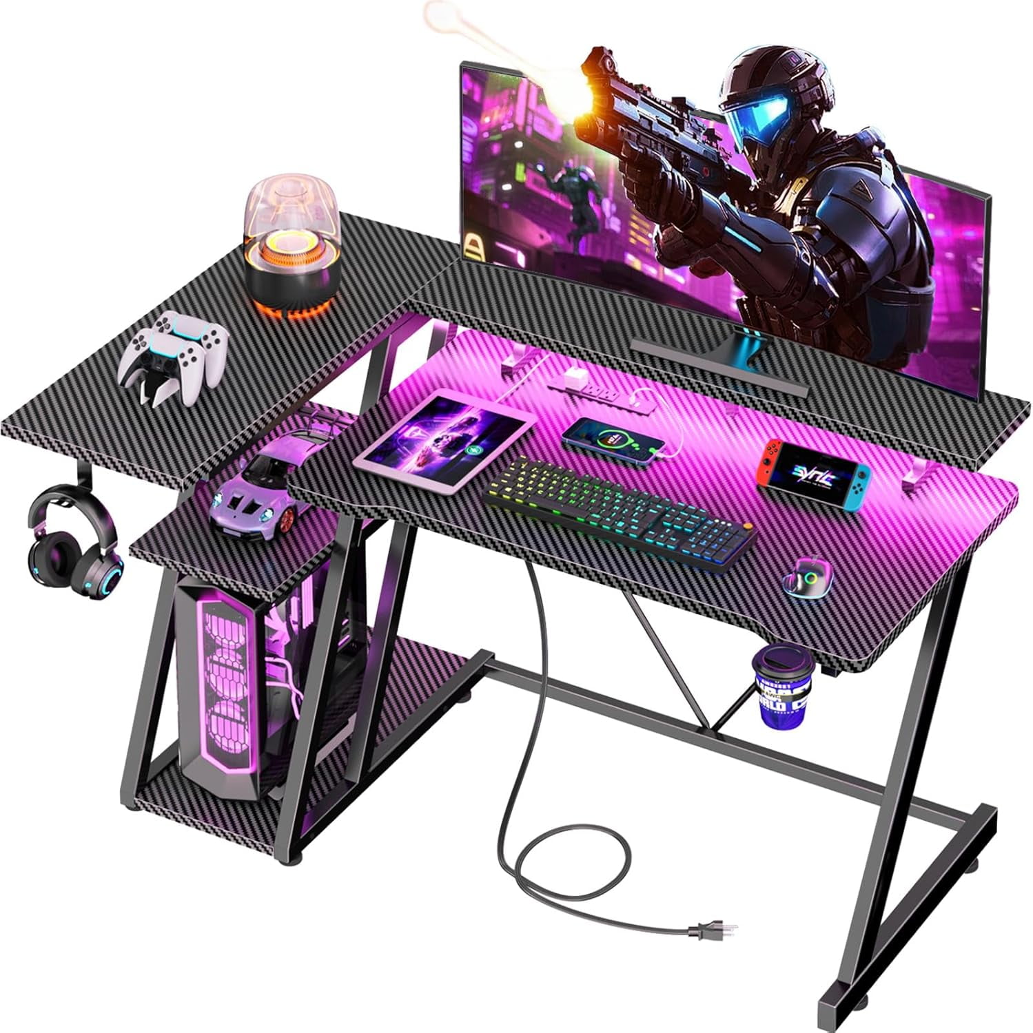 40 Inch Gaming Desk with Power Outlet & LED Lights, L Shaped Computer ...