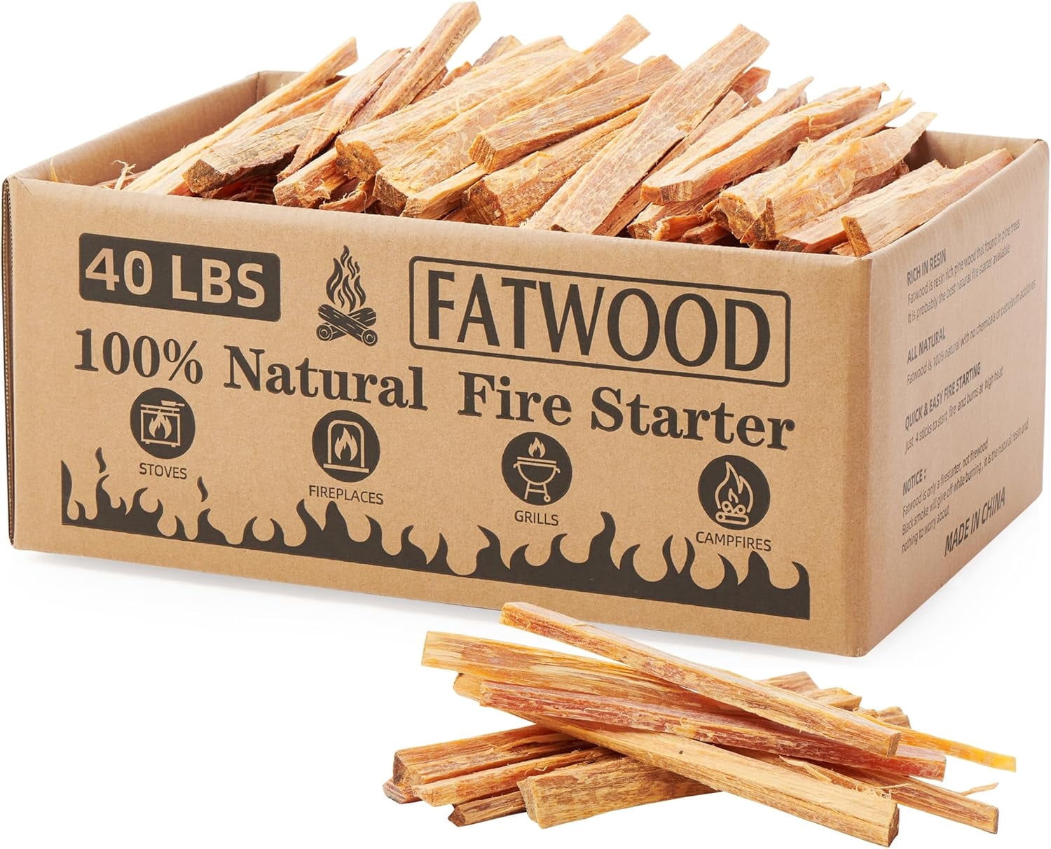 40 lbs Fatwood Fire Starter Sticks, 100% Natural Kindling Firewood ...