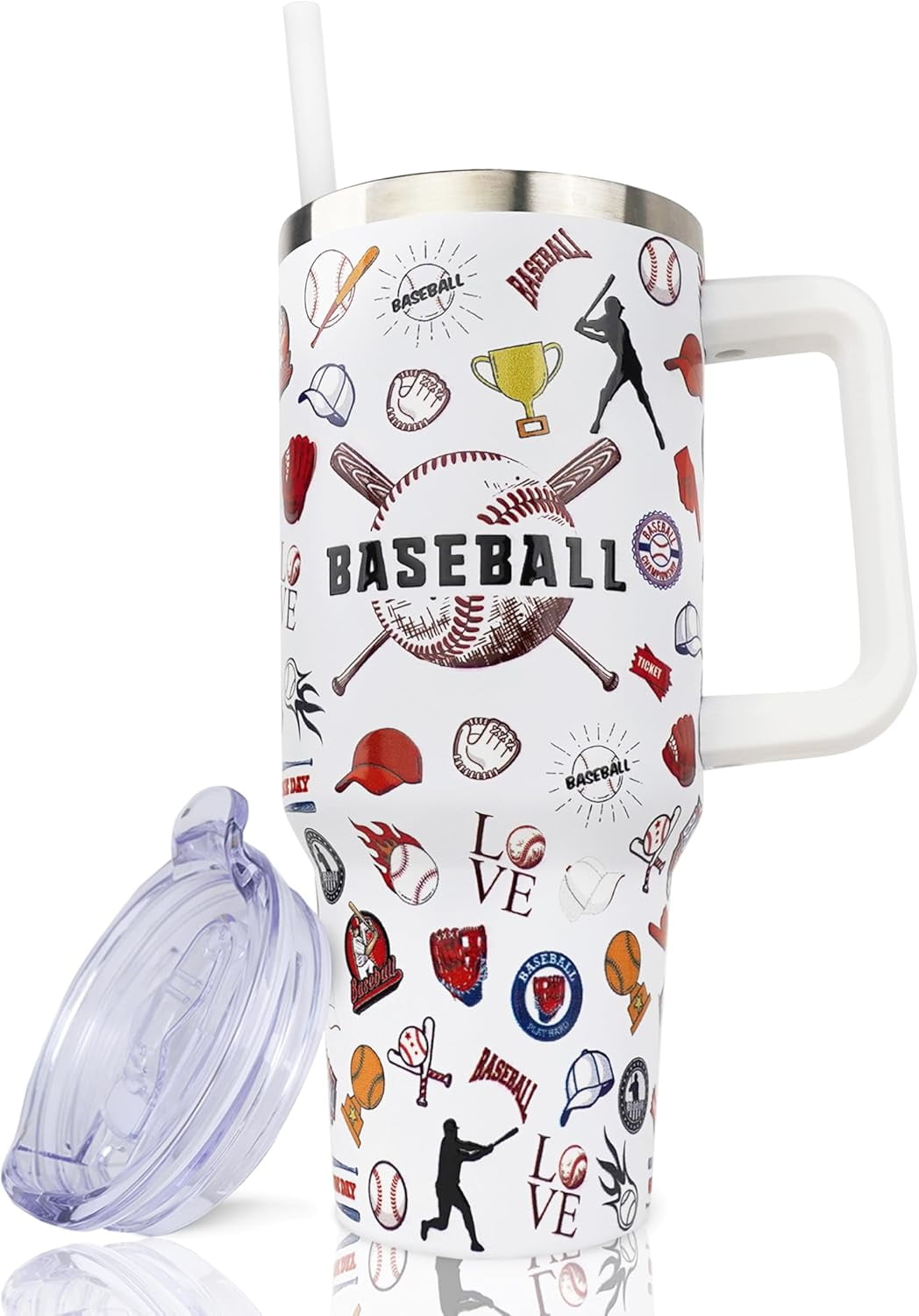 40 oz Baseball Tumbler with Handle and Straw, Stainless Steel Insulated ...