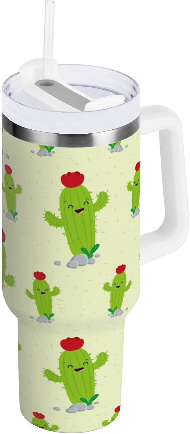 40 oz Cactus Tumbler with Handle, Double Wall Vacuum Stainless Steel ...