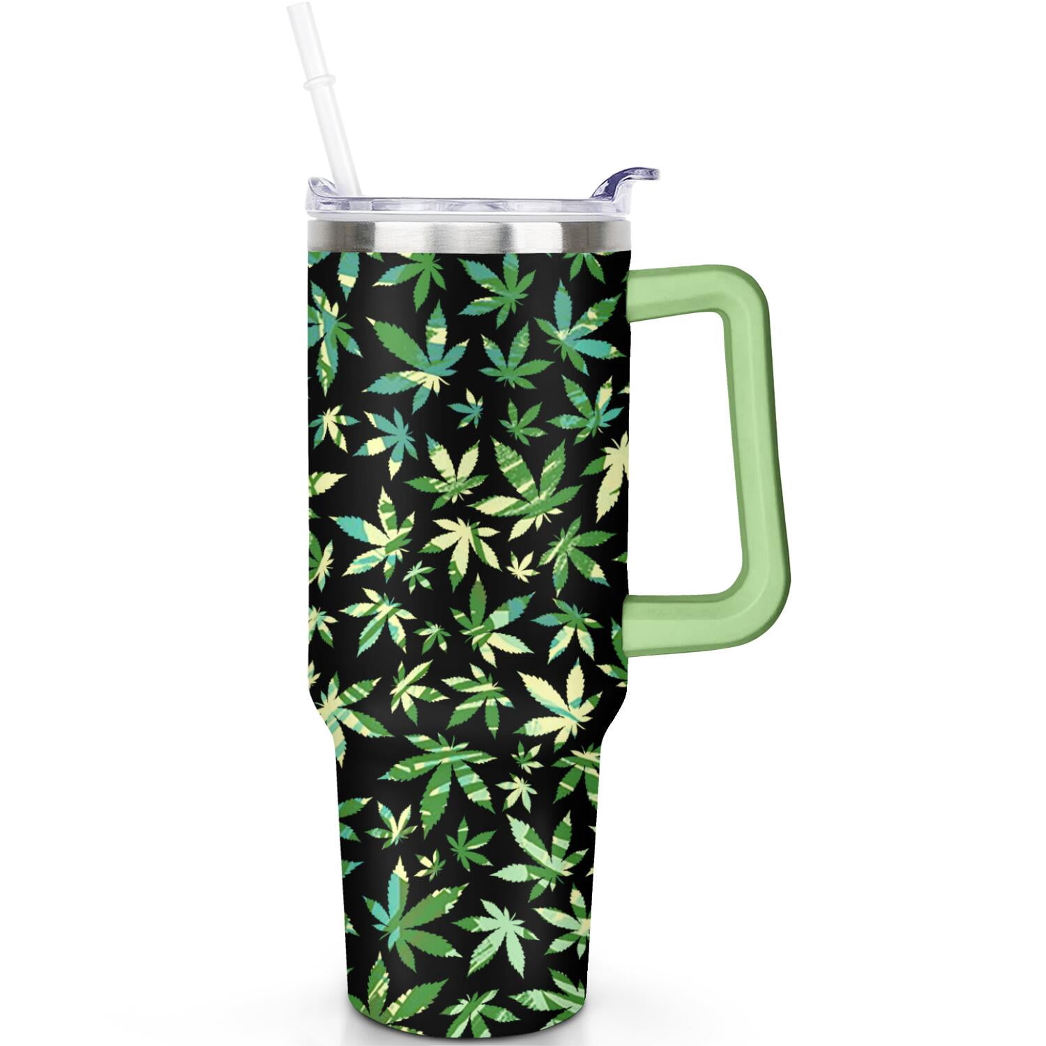 40 oz Cannabis Leaves Tumbler Stainless Steel Handle Flip Straw Lid ...